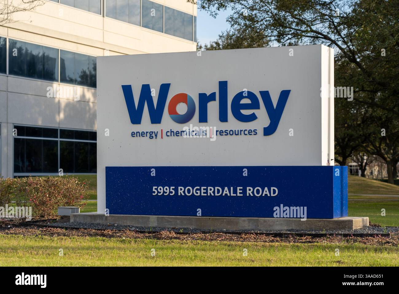 Houston, Texas, USA - March 2, 2022: WorleyParsons ground sign at their ...