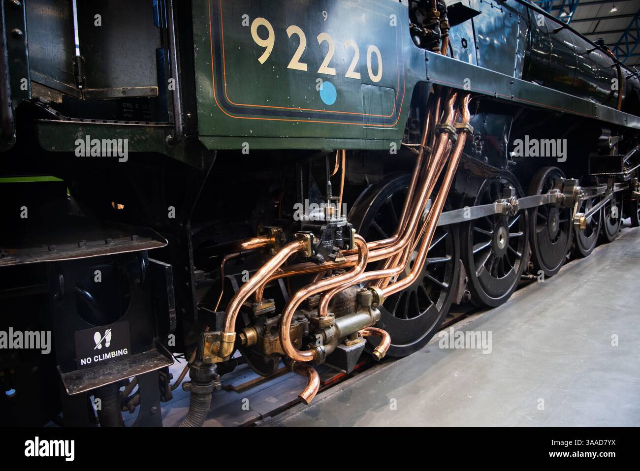 Elaborate copper pipework on the BR Standard Class 9F locomotive number ...