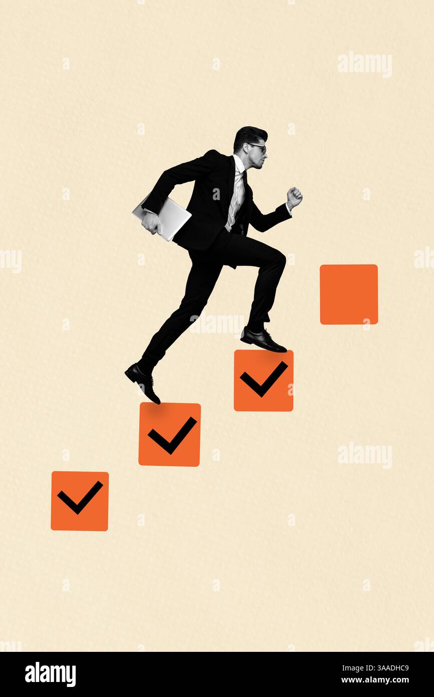 Art image vertical photo collage of serious businessman run check mark ...