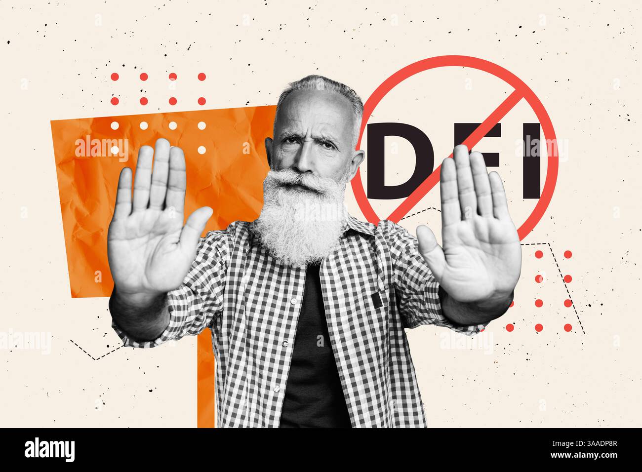 Creative full art collage of minded old man show hands palms stop ...