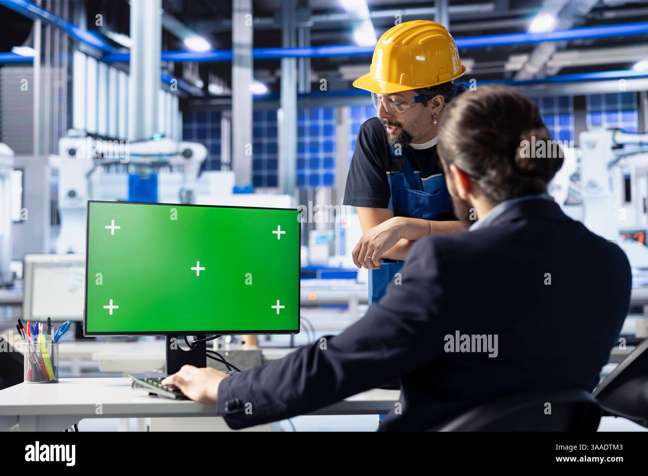 Photovoltaics Factory Colleagues Doing Brainstorming To Optimize Production Flow Using Mockup Pc
