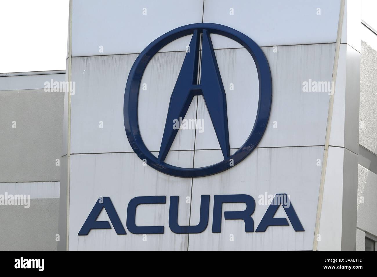 View of the Acura emblem outside a automobile dealership, in the New ...