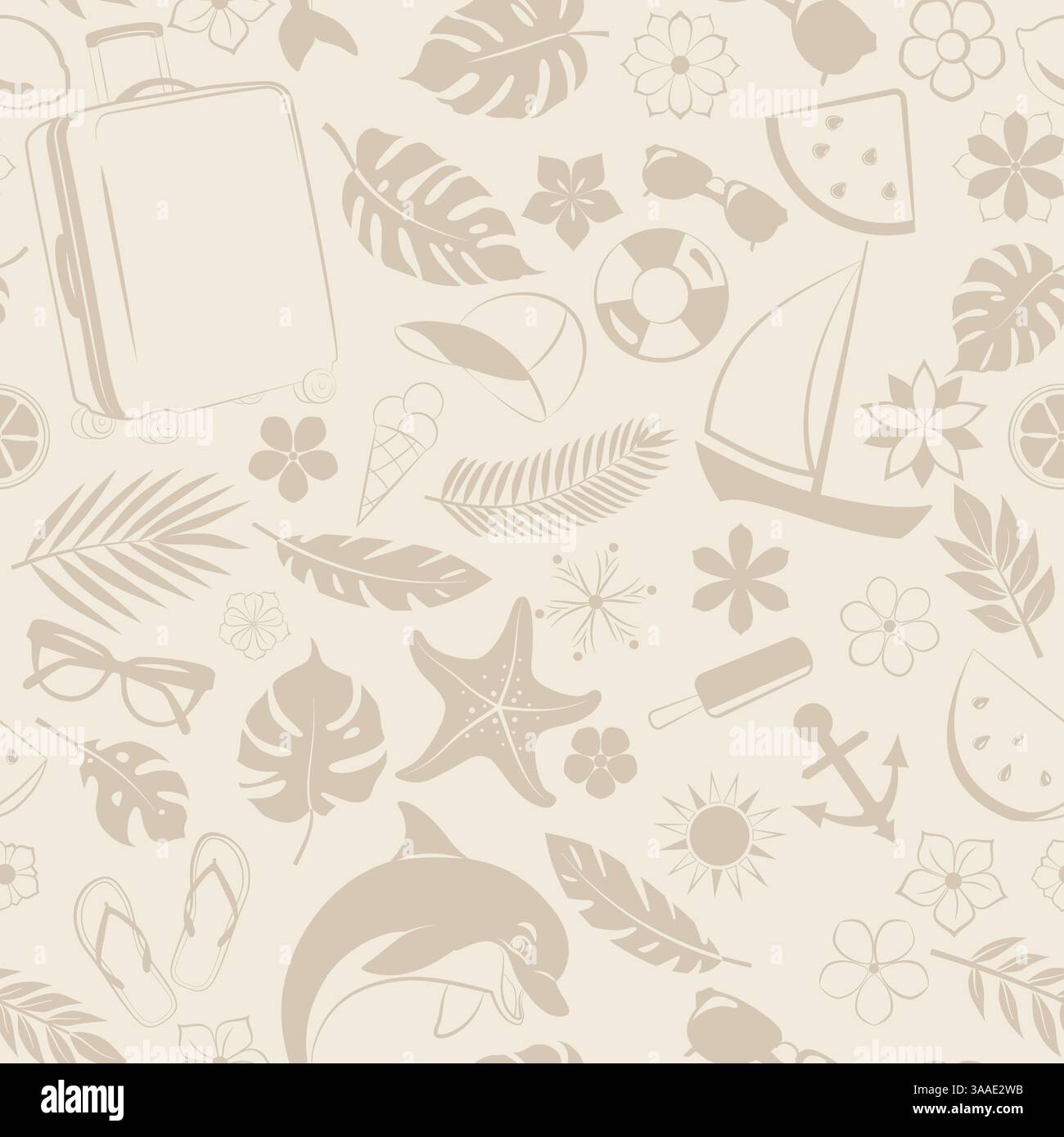 Seamless pattern with tropical elements such as palm leaves, flowers ...