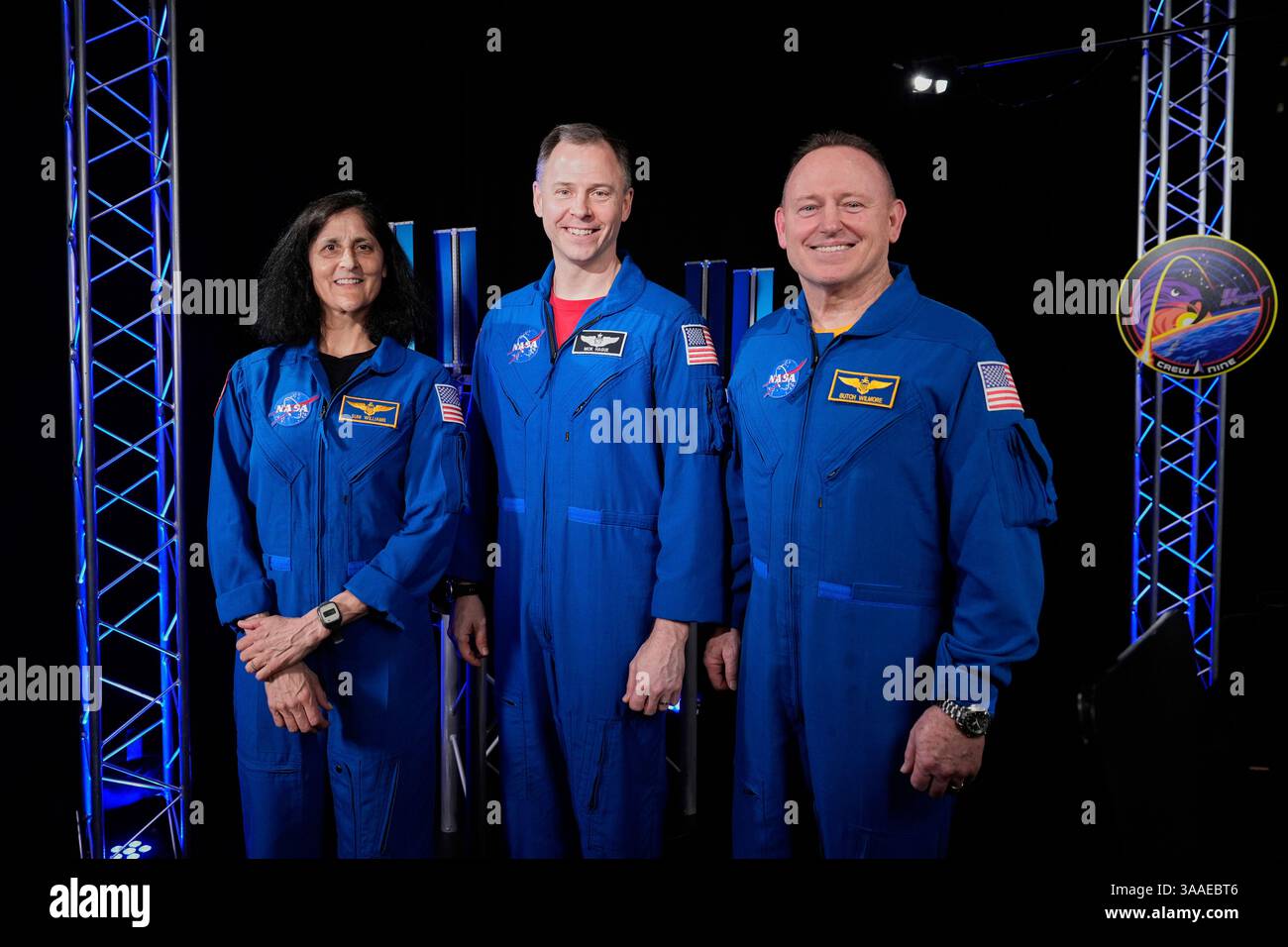 Astronauts Suni Williams, from left, Nick Hague, and Butch Wilmore pose ...
