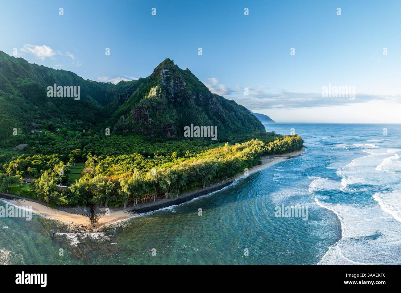 Aerial view of Maniniholo Bay and Ke'e beach towards the Na Pali ...