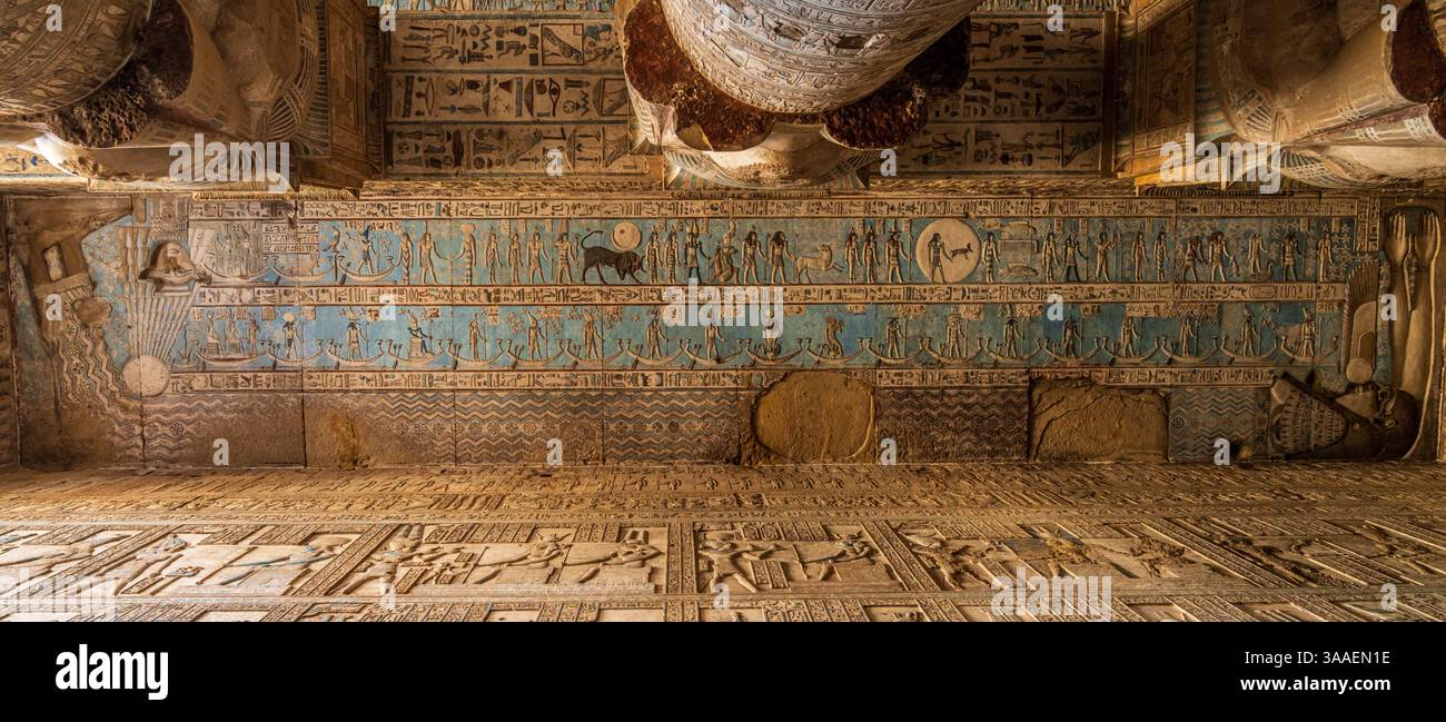 Restored ceiling painting with ornate columns in the temple of Hathor ...
