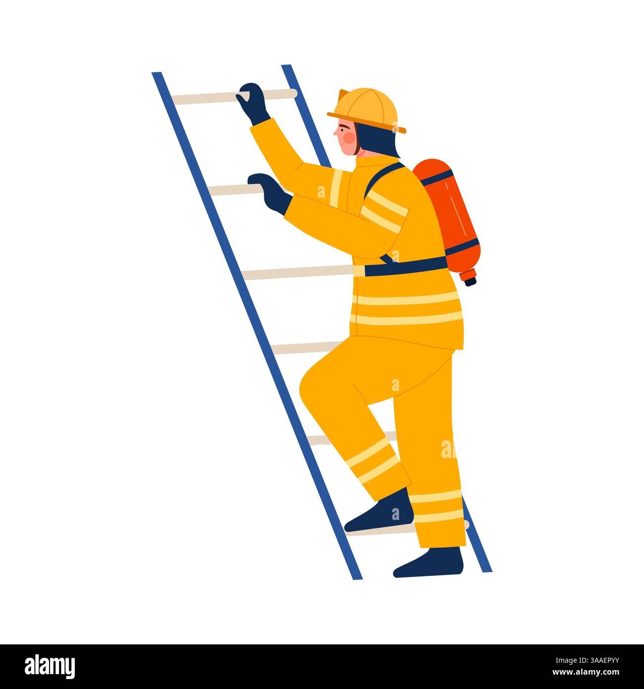 An illustration shows a brave firefighter in yellow gear climbing a ...