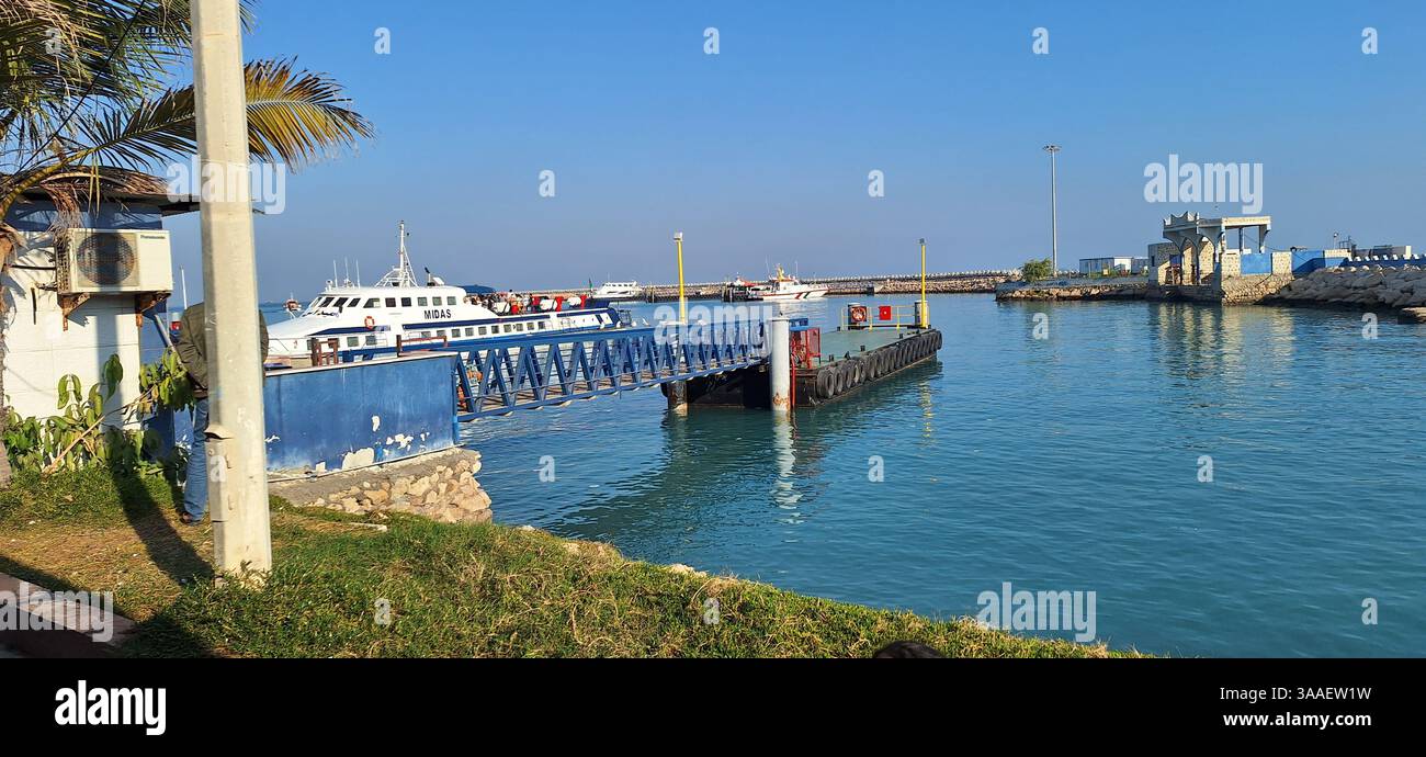 A tranquil view of a harbor with docked ferries and boats under a clear ...