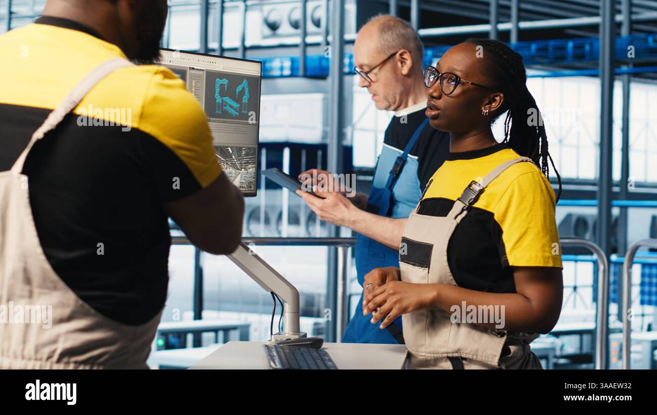 Industry 4.0 solar panels plant coworkers brainstorming, developing solar energy systems ...