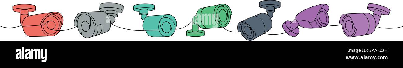 Security cameras one line colored continuous drawing. External CCTV ...
