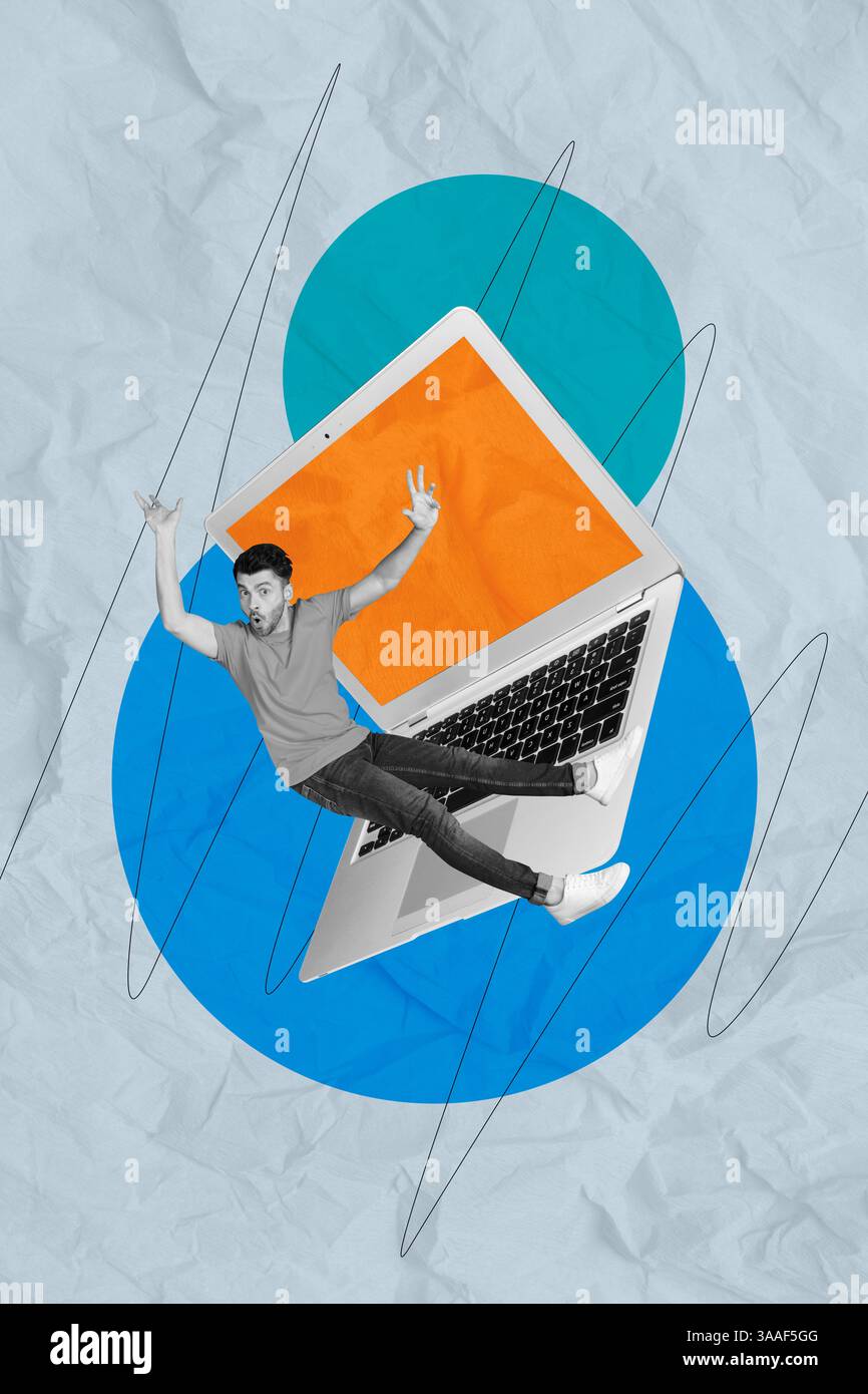 Image vertical 3d collage poster of shocked guy fall broke laptop ...