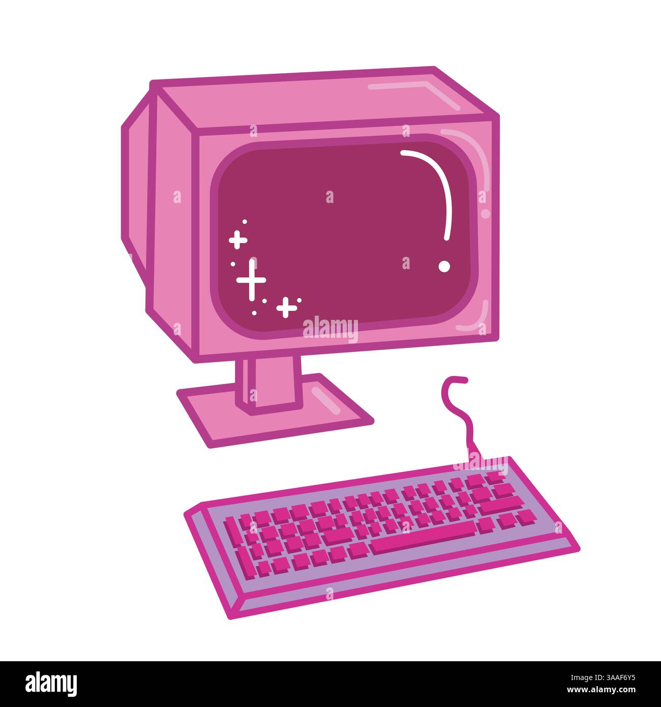 Pink retro monitor and keyboard. Computer icon. Vector illustration ...