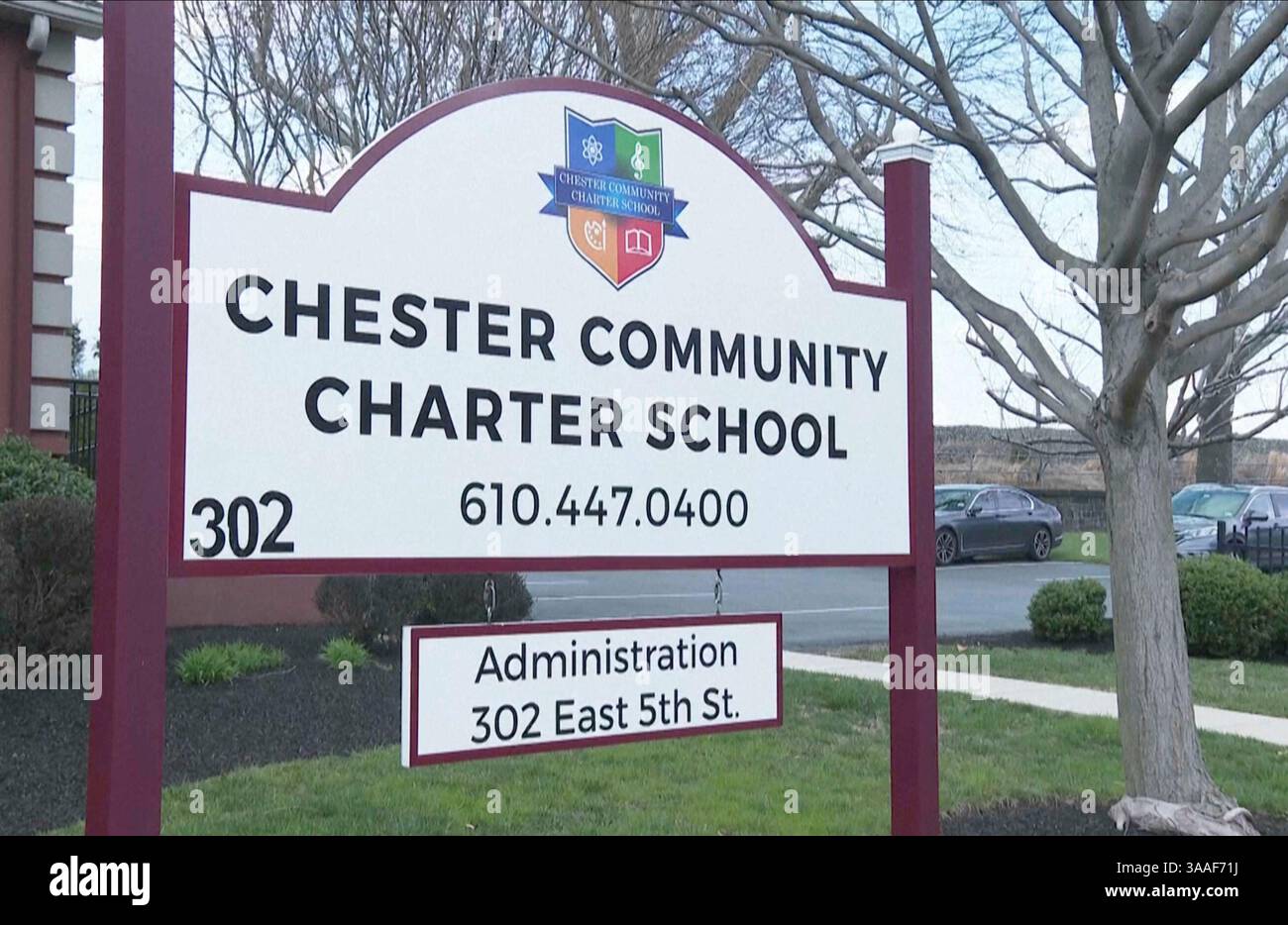 A sign stands outside the Chester Community Charter School on Monday ...
