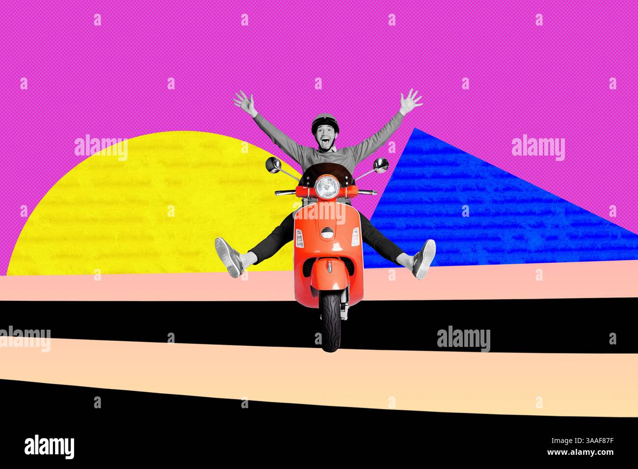 Exclusive sketch art collage of excited man ride retro vespa moped ...