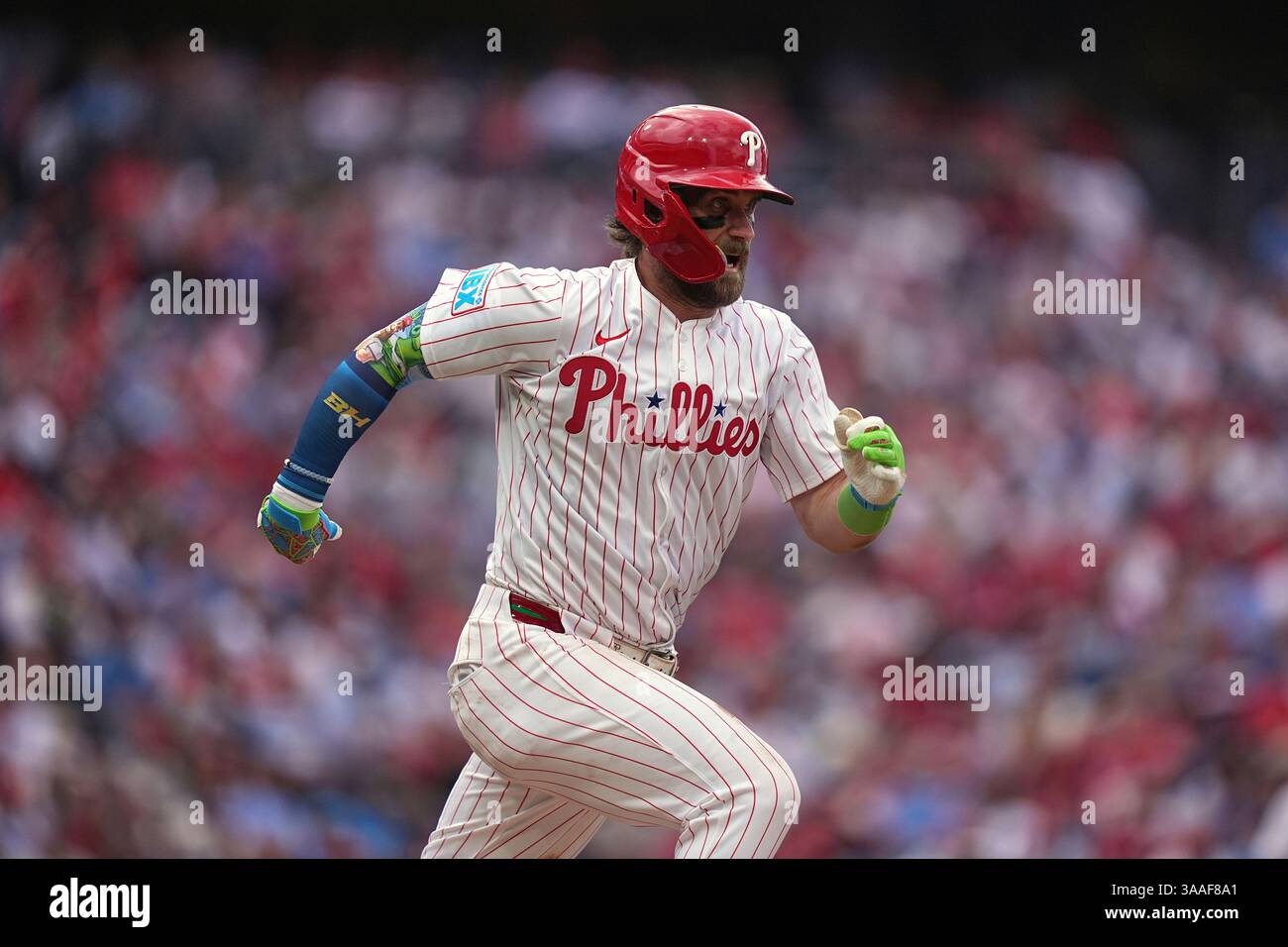 Philadelphia Phillies' Bryce Harper in action during a baseball game, Monday, March 31, 2025, in ...