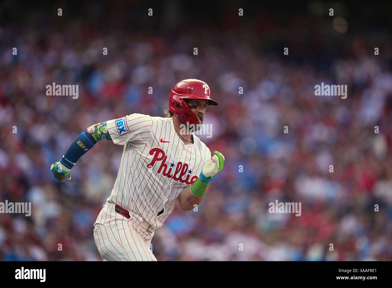 Philadelphia Phillies' Bryce Harper in action during a baseball game, Monday, March 31, 2025, in ...