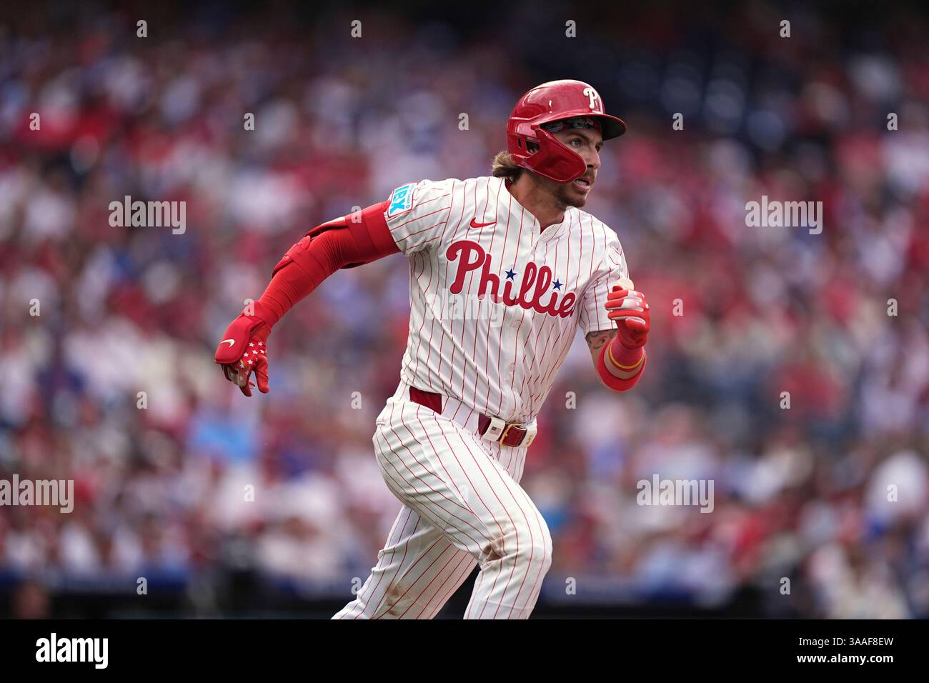 Philadelphia Phillies' Bryson Stott in action during a baseball game, Monday, March 31, 2025, in ...