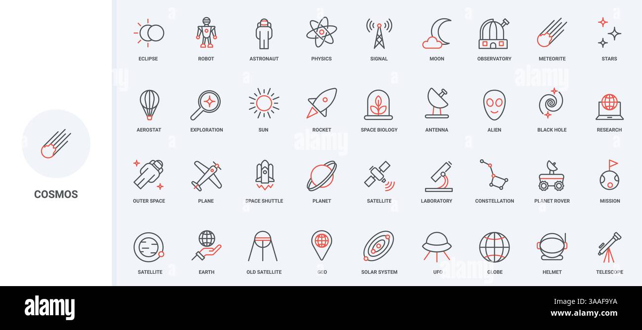 Space and astronomy, station observatory, rocket spaceship flight and satellite line icon set ...