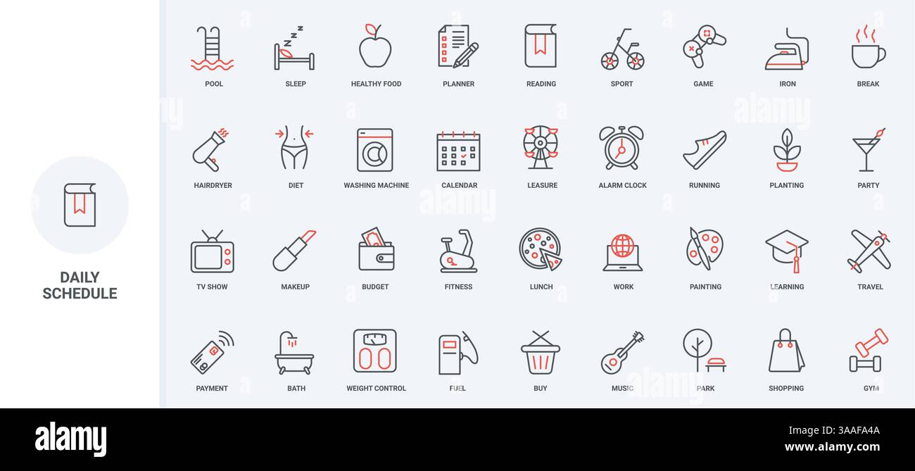 Daily life routine and modern lifestyle, schedule for day line icon set ...
