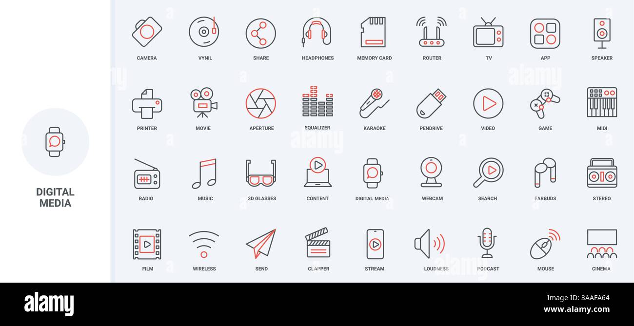 Digital gadgets and entertainment devices, music line icon set. Search ...