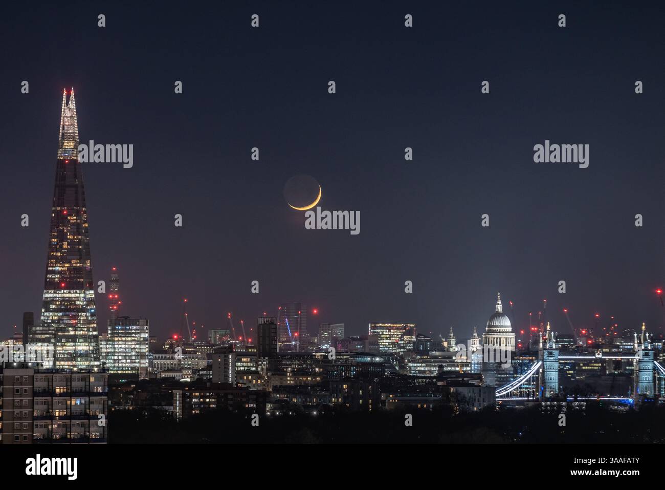 London, UK. 31st March, 2025. UK Weather: Waxing Crescent moon with 9.5 ...