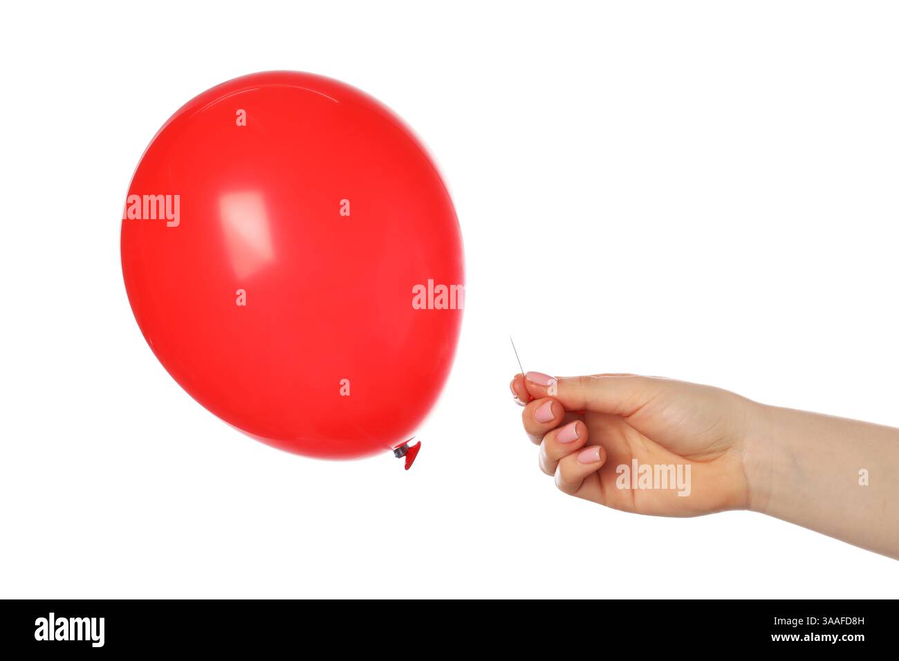 Woman popping red balloon on white background, closeup Stock Photo - Alamy