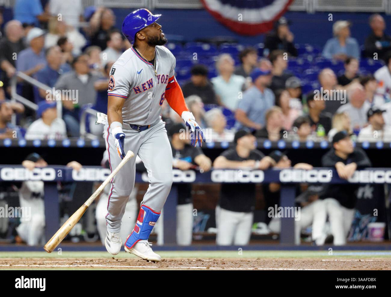 New York Mets' Starling Marte watches his home run during the third ...