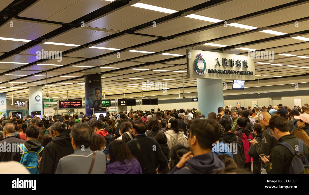 the queue of Hong Kong residents is occupied in Liantang Port. one of land border between Hong ...