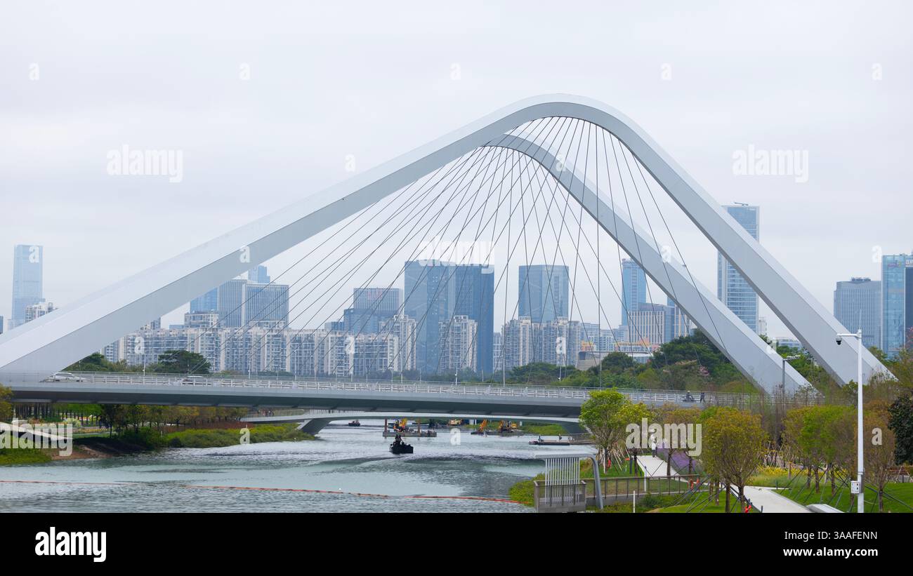 Shenzhen, China March 31 2025: Qianhai river bridge built in Qianhai ...