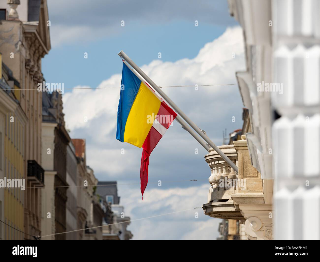 Flag of Ukraine and Denmark at the Danish embassy building exterior in ...