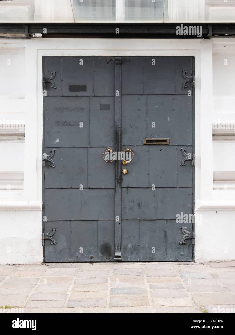 Empty old double door close-up. Retro entrance out of painted metal ...