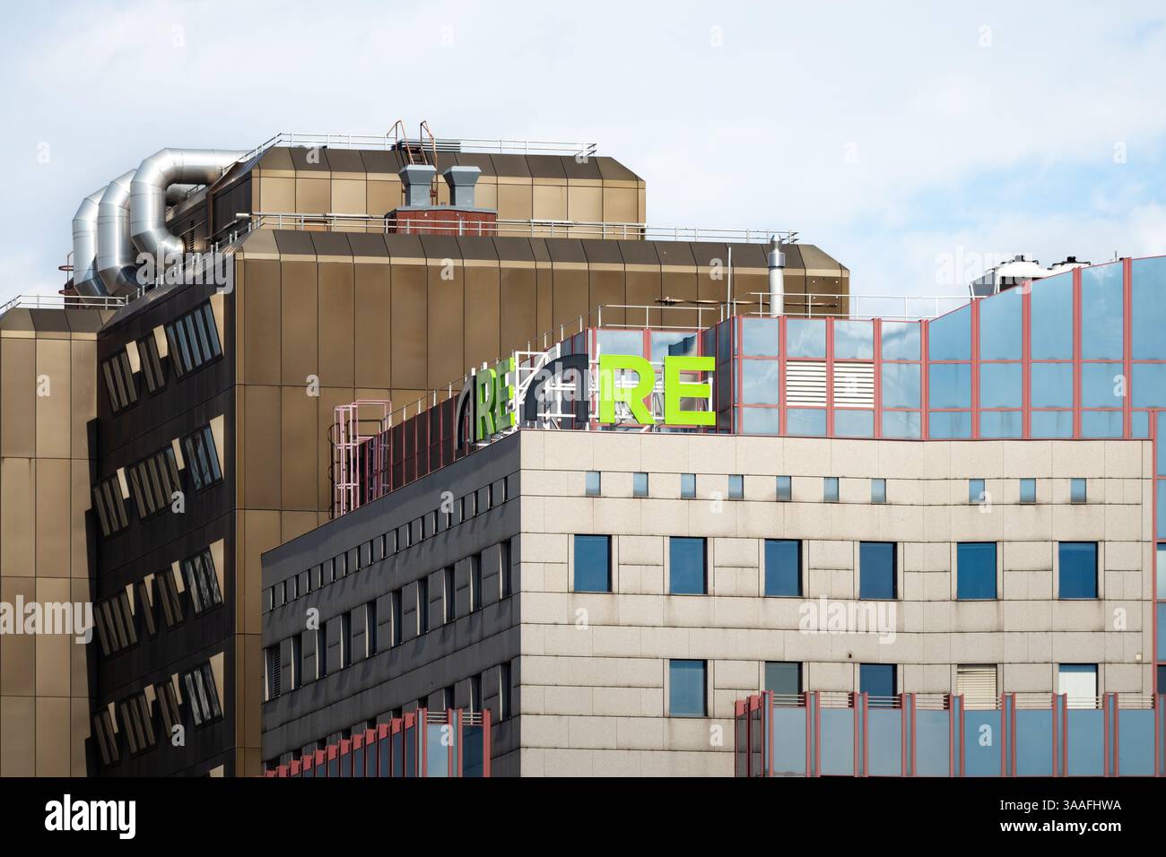 ARE logo of the Austrian Real Estate GmbH company. Sign on top of an ...