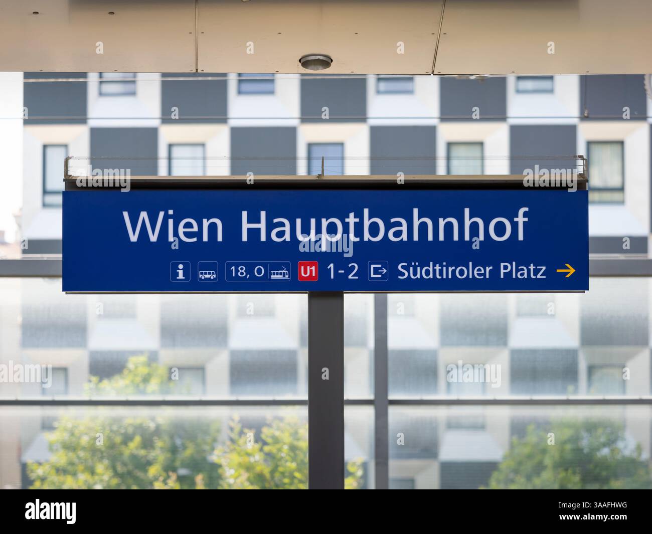 Wien Hauptbahnhof (Vienna Central Train Station) sign. Location name ...