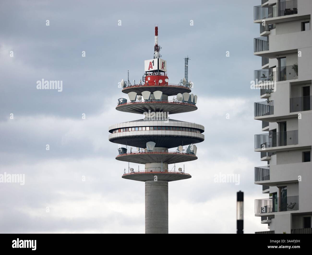 Arsenal Tower close-up of the building exterior. The radio tower is a ...