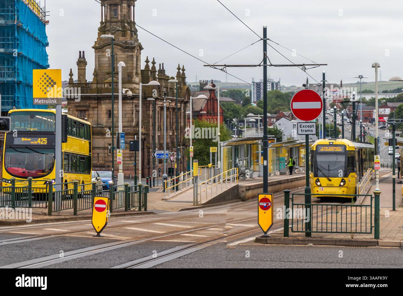 Bus and tram transport at Oldham Mumps Station, Greater Manchester ...