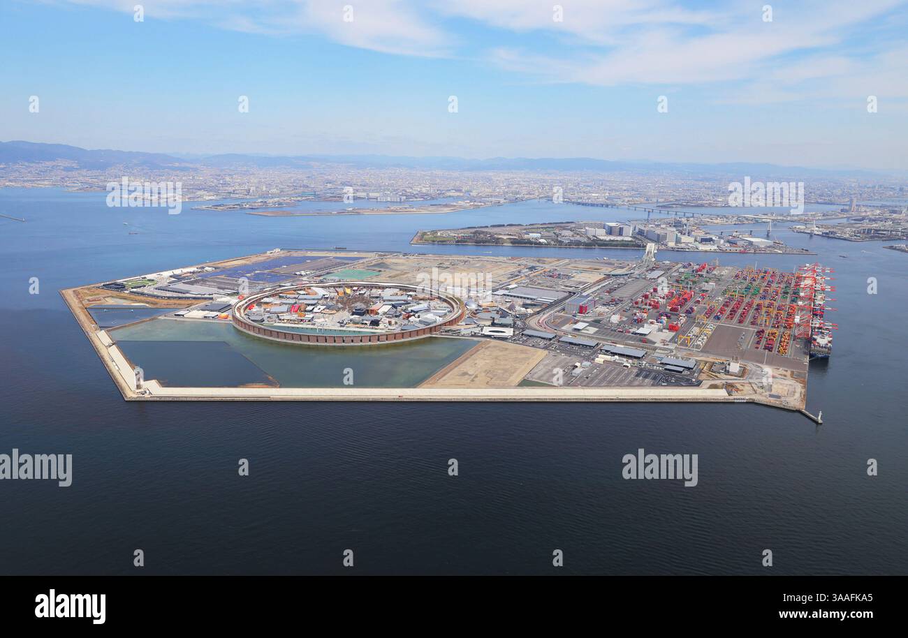 An aerial photo shows Yumeshima, the venue for Expo 2025 Osaka, Kansai ...