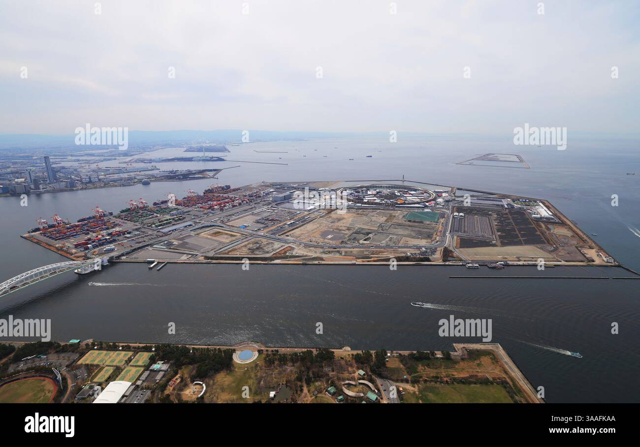An aerial photo shows Yumeshima, the venue for Expo 2025 Osaka, Kansai ...