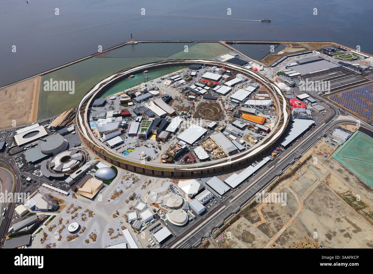 An aerial photo shows Yumeshima, the venue for Expo 2025 Osaka, Kansai ...