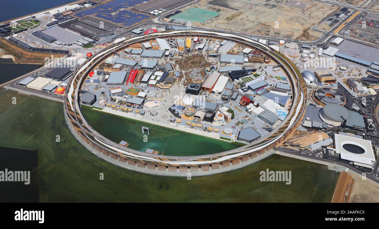 An aerial photo shows Yumeshima, the venue for Expo 2025 Osaka, Kansai ...