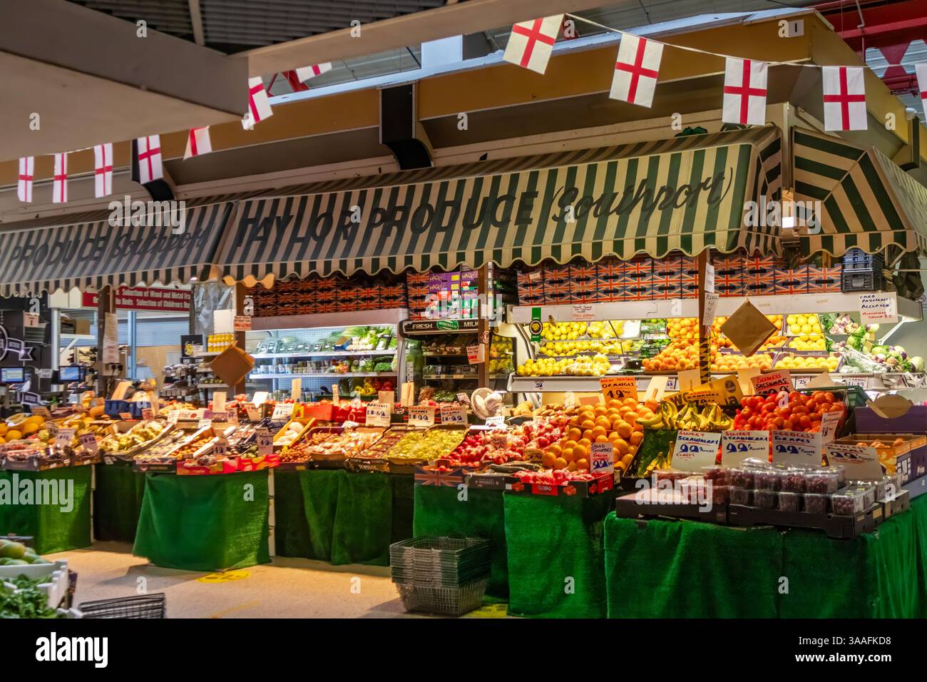 Fruit and vegetable stall in Tommyfield Market Hall, Oldham, Greater ...