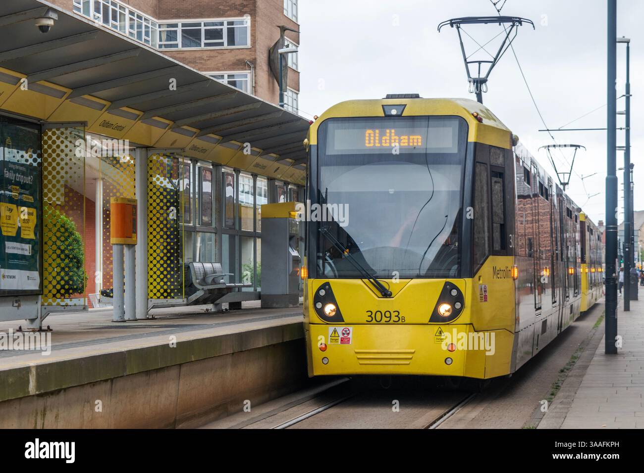 Tram arriving at Oldham Central Station, Union STreet, Oldham, Greater ...