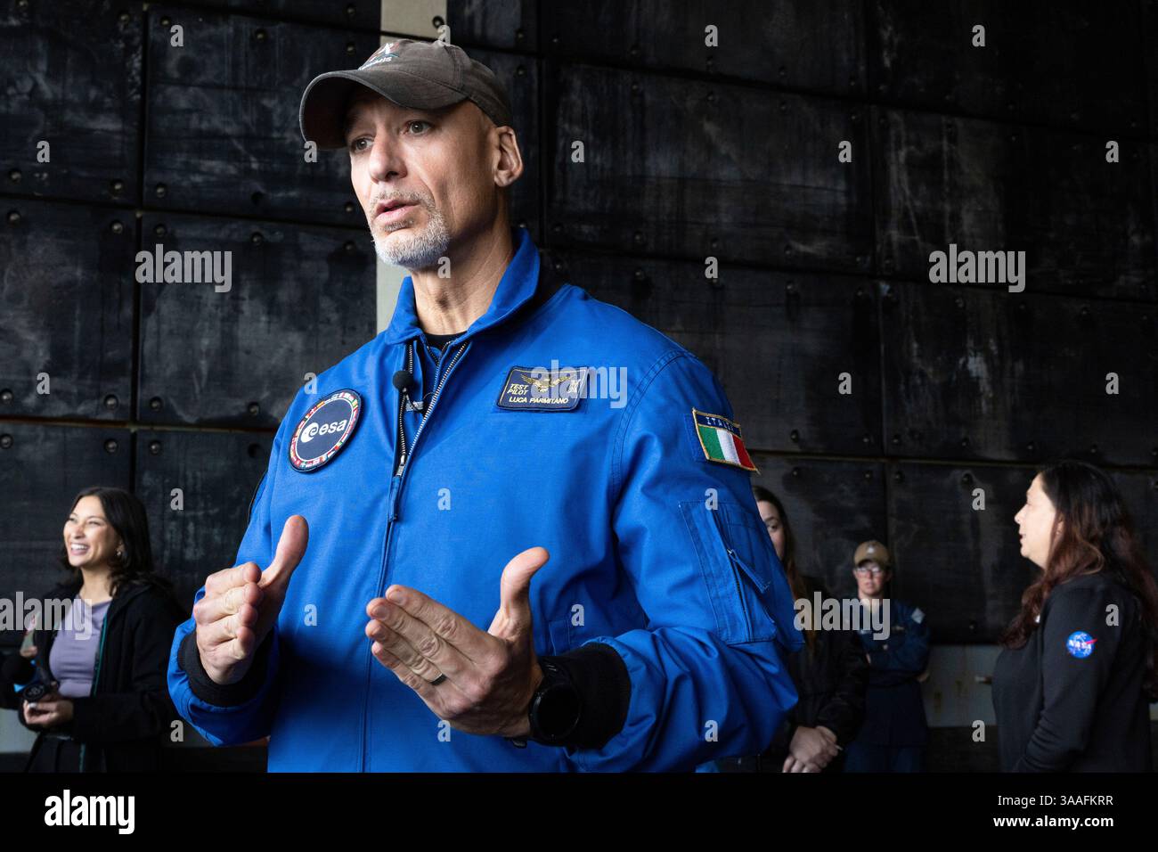 European Space Agency astronaut Luca Parmitano speaks with reporters ...