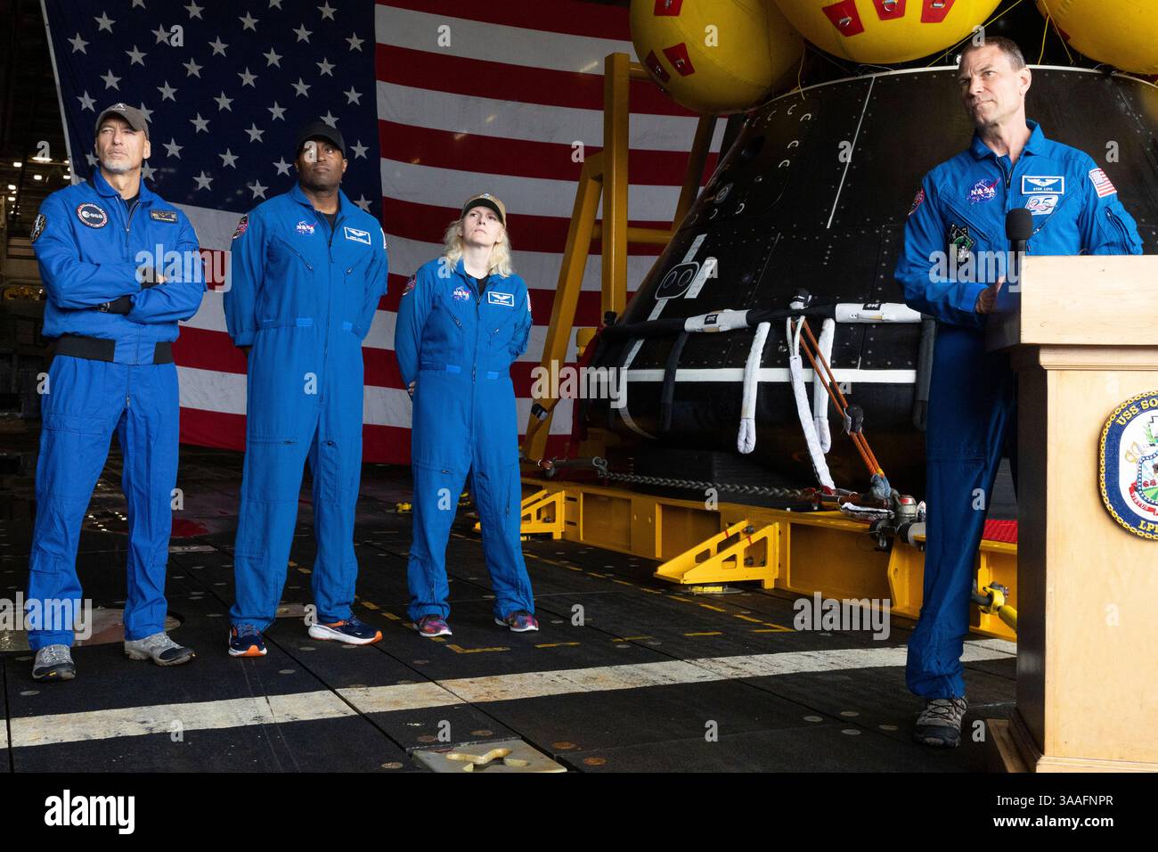 Astronauts, from left, Luca Parmitano, Andre Douglas, Deniz Burnham and ...