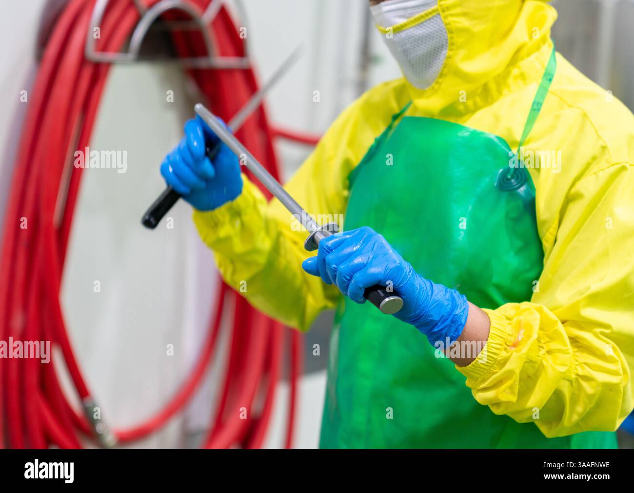 The worker is sharpening the knife with a sharpening stone in ...