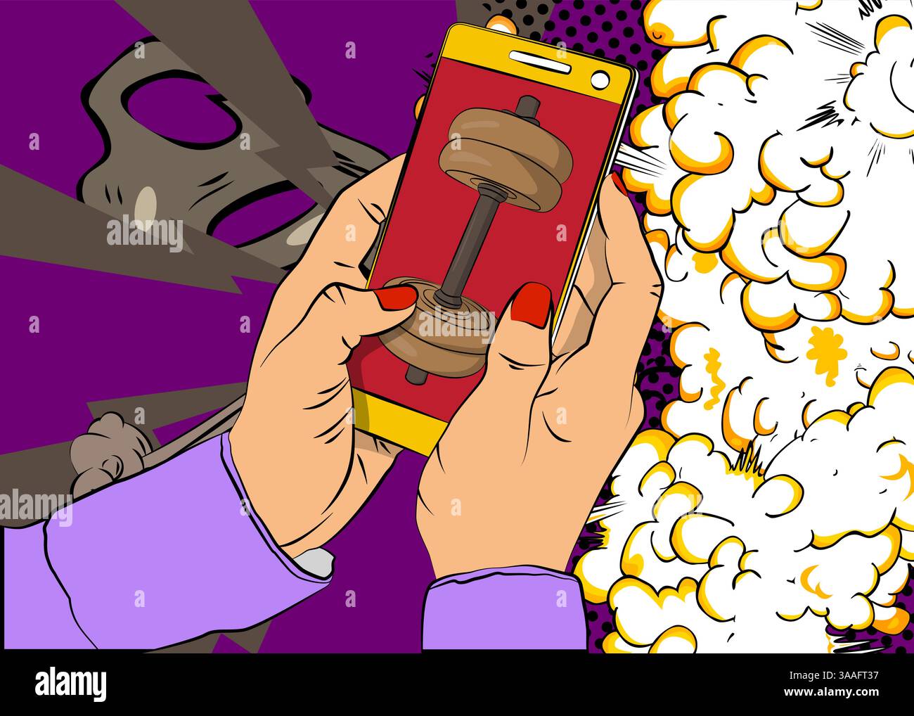 Cartoon Smartphone, comic book Telephone with Dumbbell. Retro vector ...