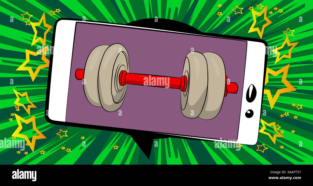 Cartoon Smartphone, comic book Telephone with Dumbbell. Retro vector ...