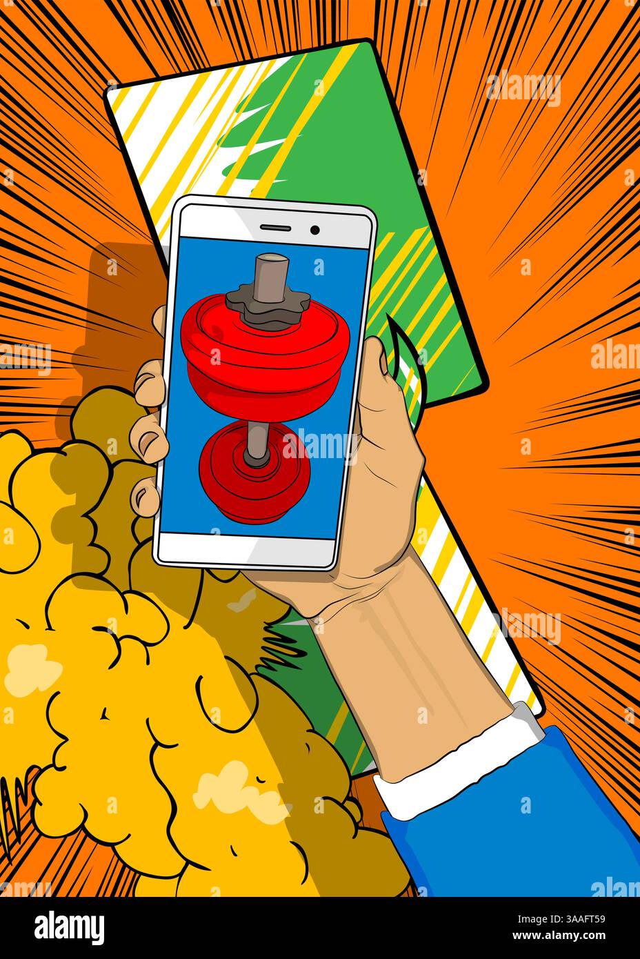 Cartoon Smartphone, comic book Telephone with Dumbbell. Retro vector ...