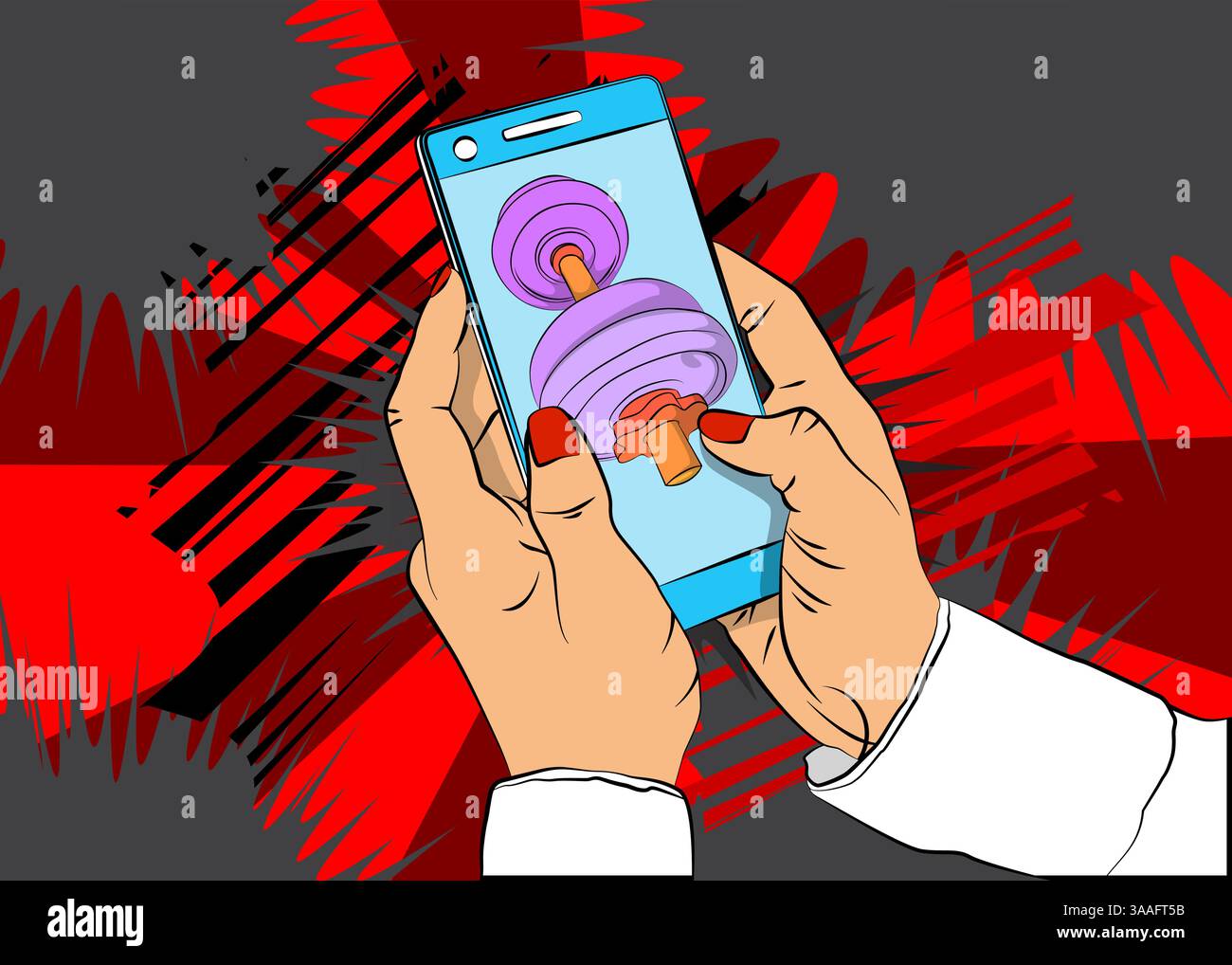 Cartoon Smartphone, comic book Telephone with Dumbbell. Retro vector ...