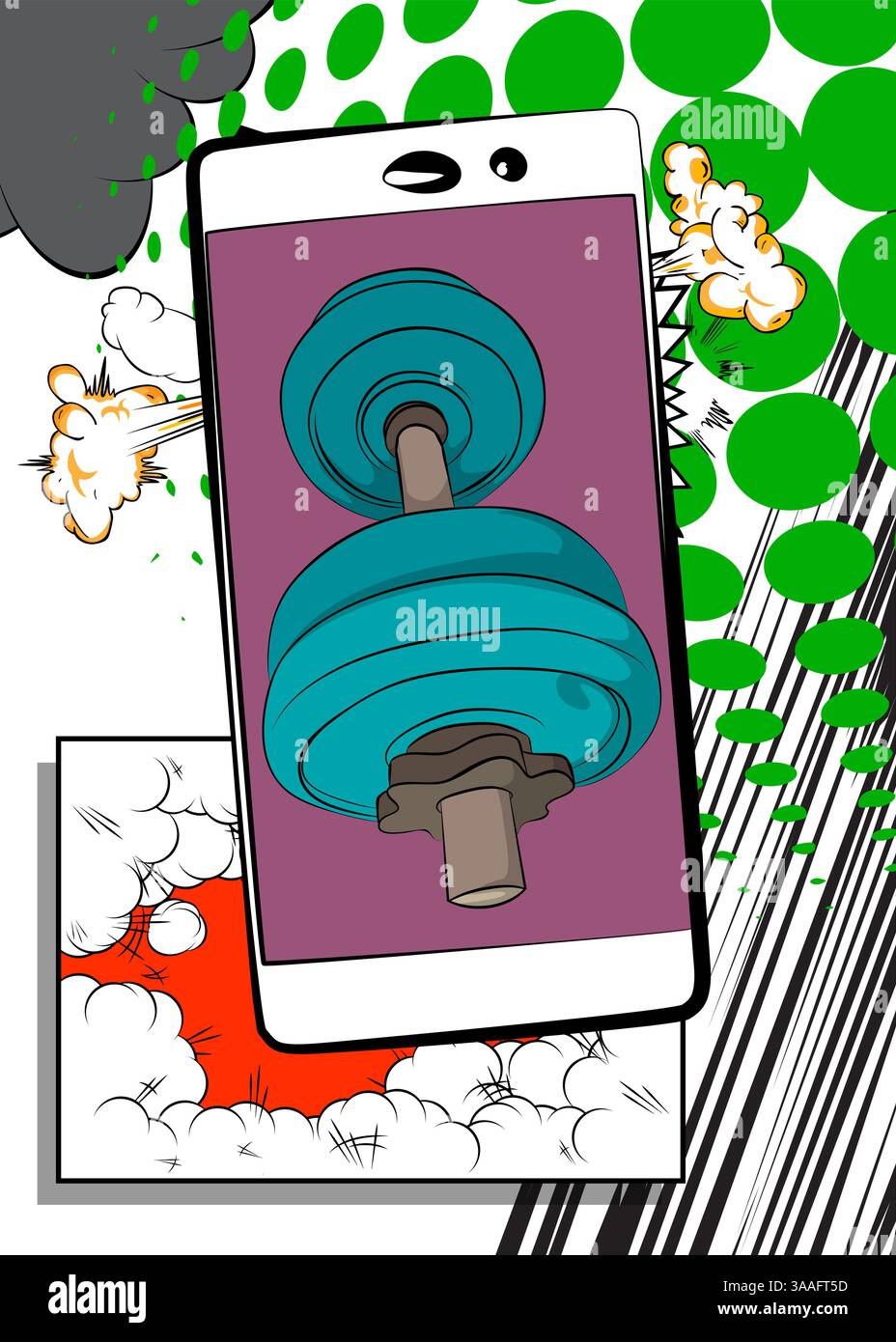 Cartoon Smartphone, comic book Telephone with Dumbbell. Retro vector ...