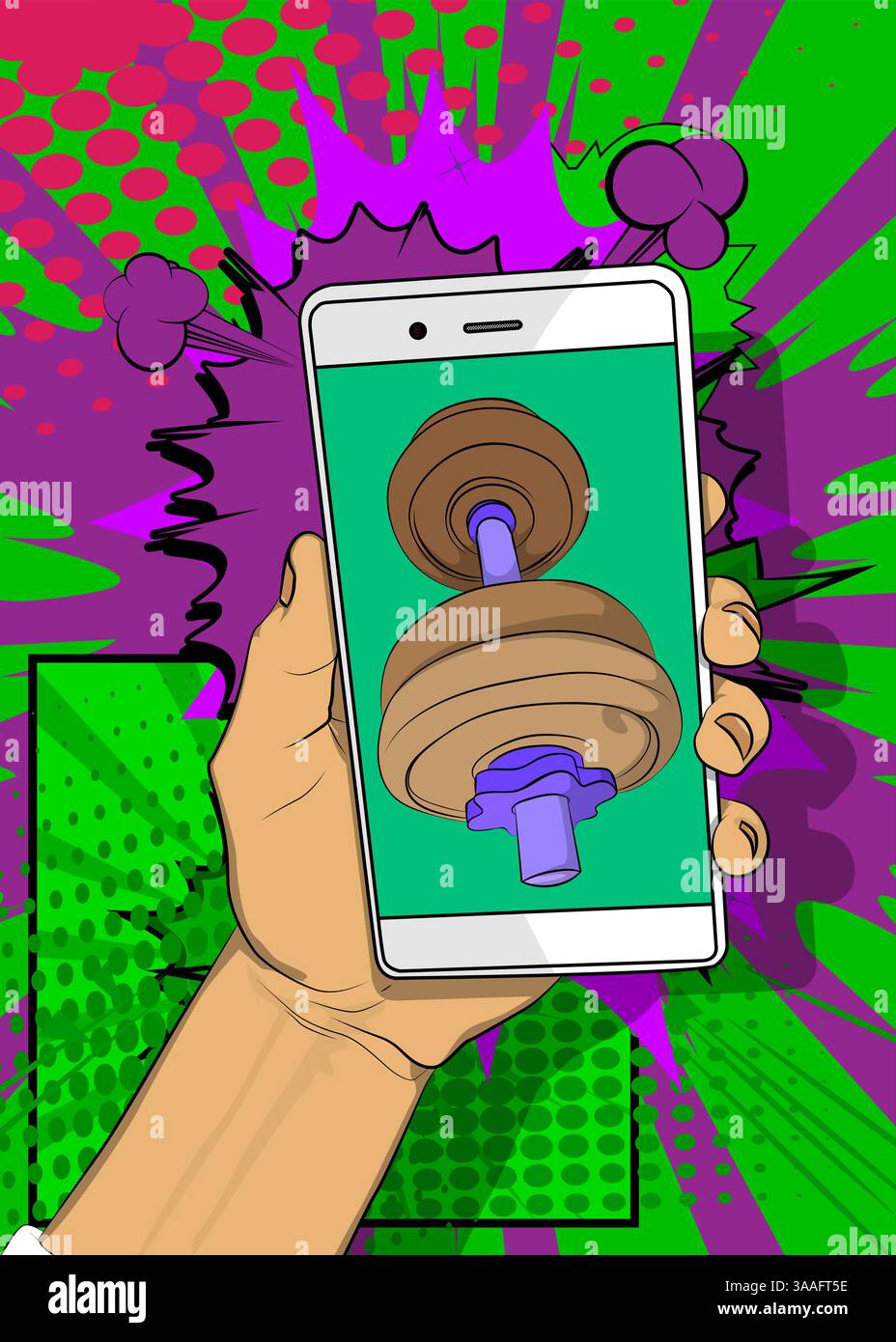 Cartoon Smartphone, comic book Telephone with Dumbbell. Retro vector ...